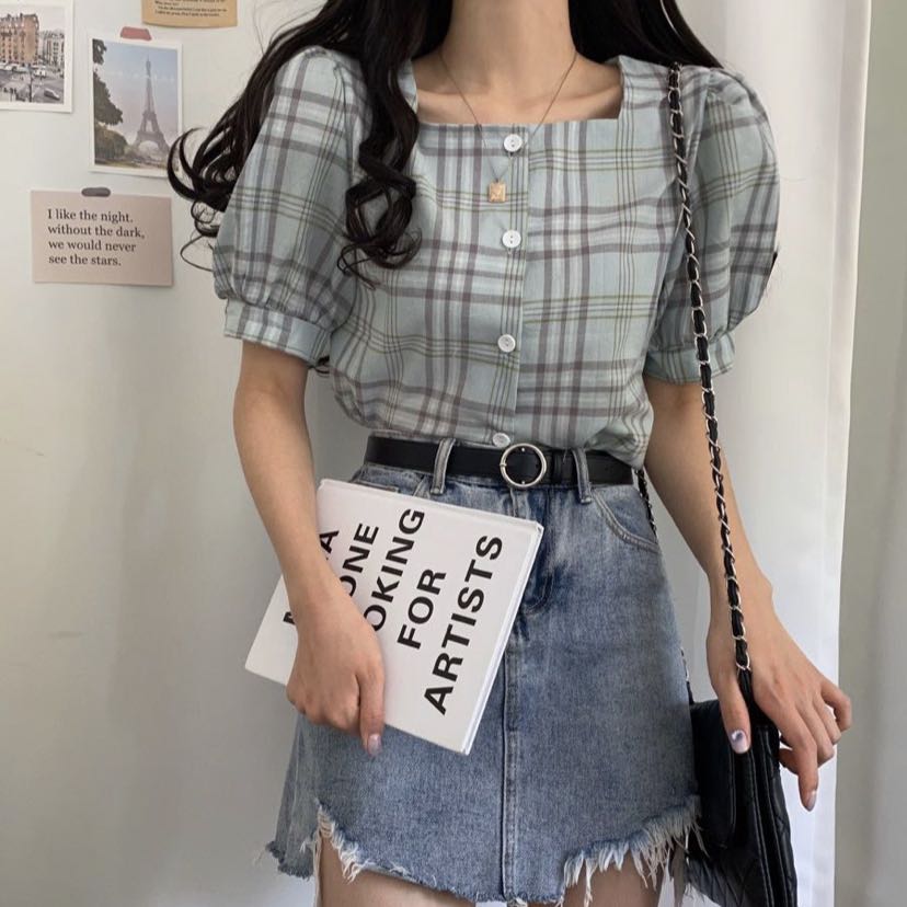 mint checkered top, Women's Fashion, Tops, Other Tops on Carousell