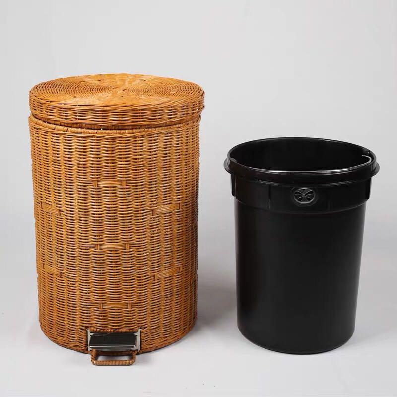 PO Hand-Woven Rattan Trash Bin Trash Can Dustbin With Lid Foot-Operated ...
