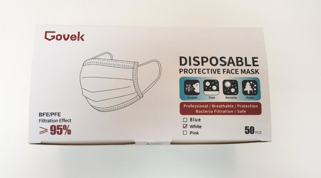 一盒50個Govek 白色防護型三層成人口罩 Adult White 3-Layer Disposable Protective Masks ...