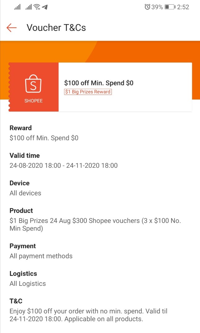 Shopee $100 cash voucher no min spend on any item, Tickets & Vouchers ...