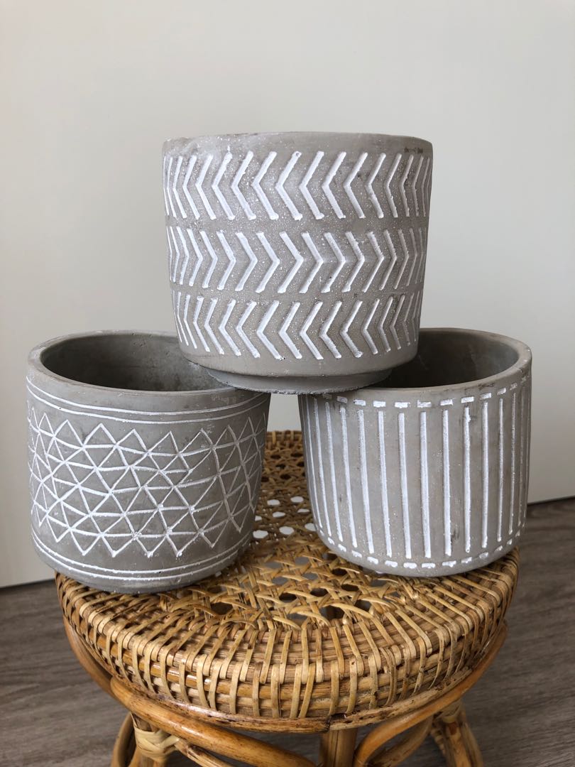 Set of 3 Cement Trio Plant Pots Planters, Furniture & Home Living ...