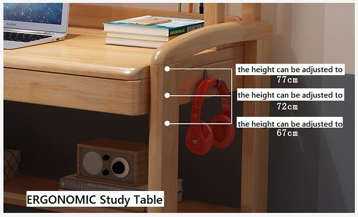 SHAINA Ergonomic Study Table _ Solid Wood Desk Bookshelf, Furniture ...