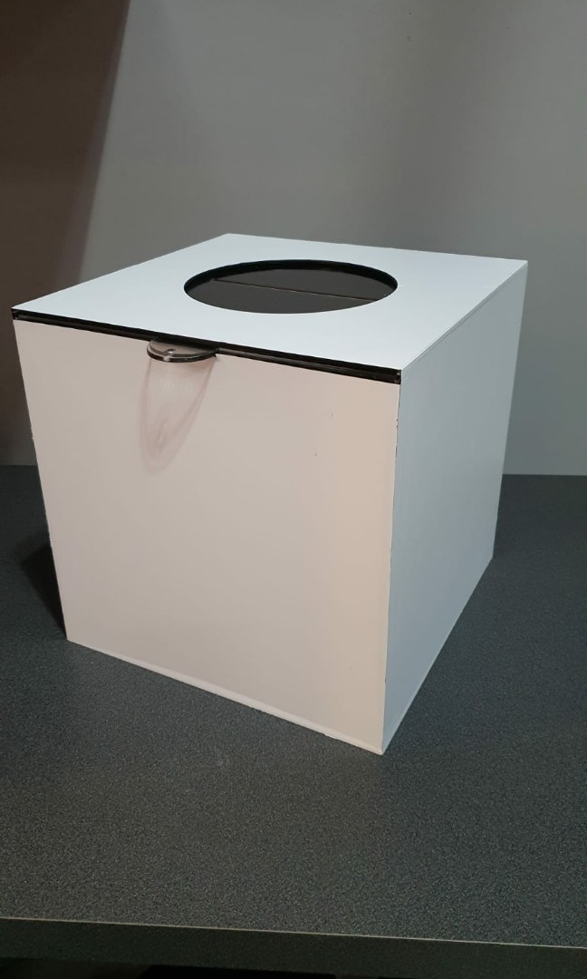 Acrylic Lucky Draw box with White sticker, Everything Else on Carousell