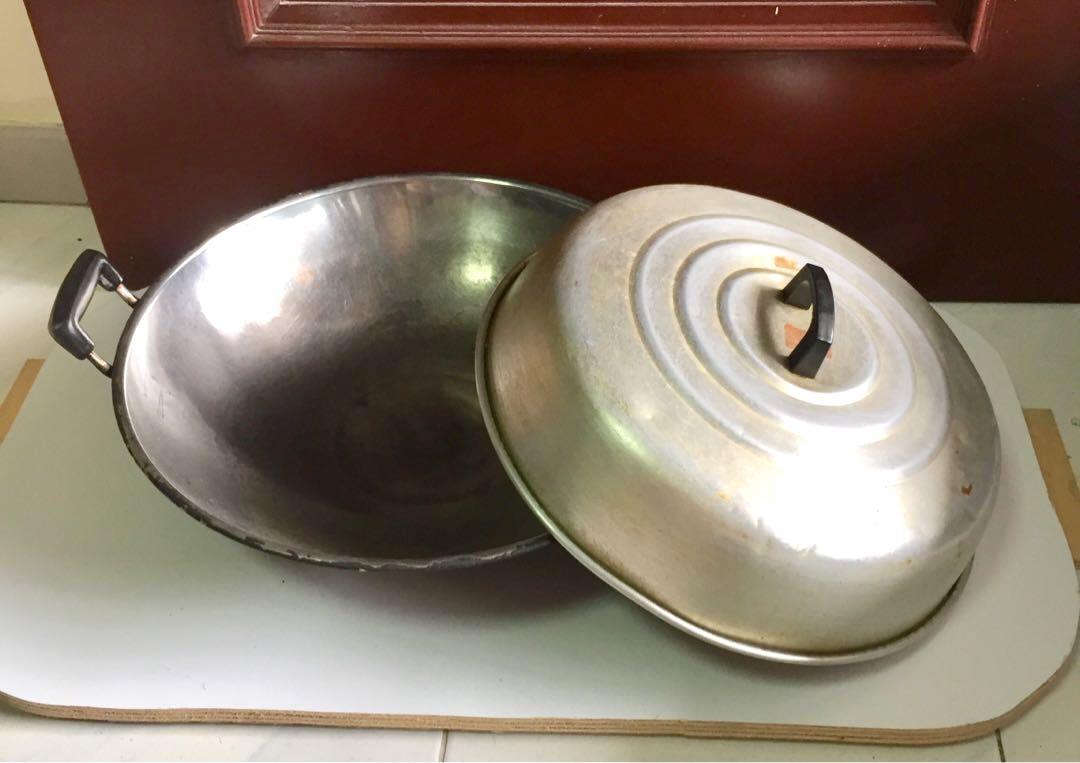 Vintage 38 cm Stainless Steel Chinese Wok with Lid/Cover and Burner ...