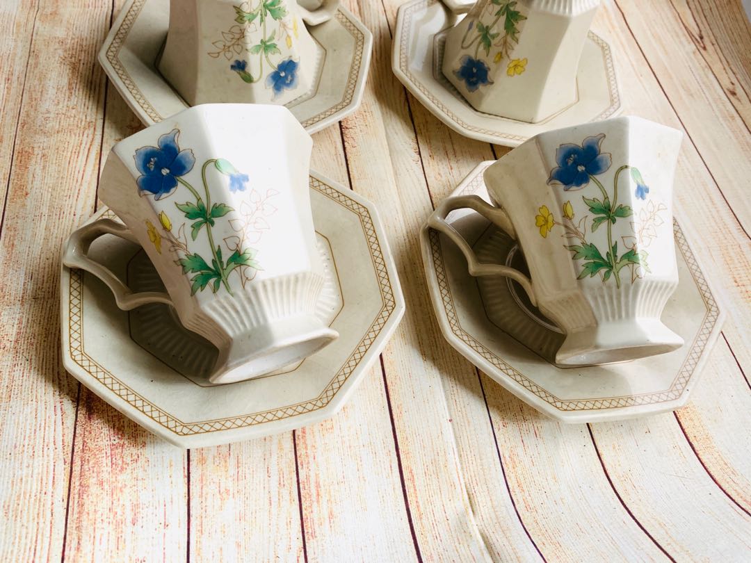 Japan Vintage Nikko Tea Cups and Saucer Set Fine Bone Celadon Cracking ...