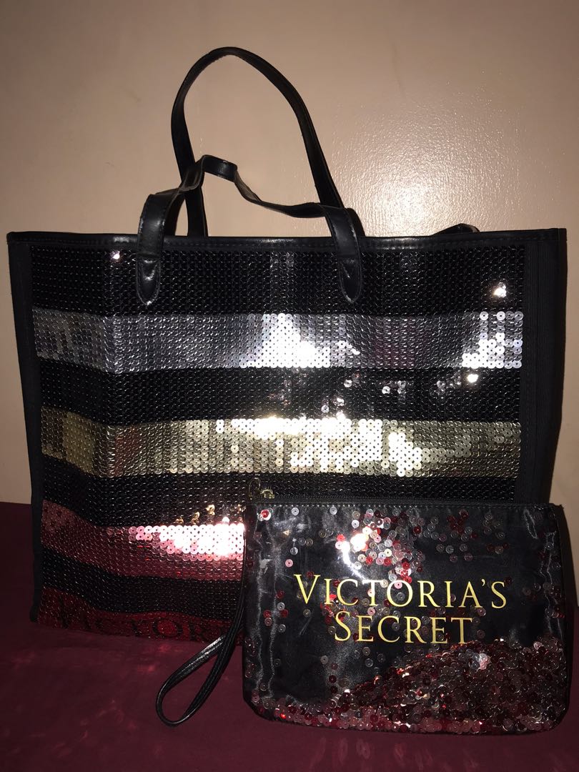 AUTHENTIC Victoria's Secret Bling Stripe Sequin Carryall Tote W Mini ...