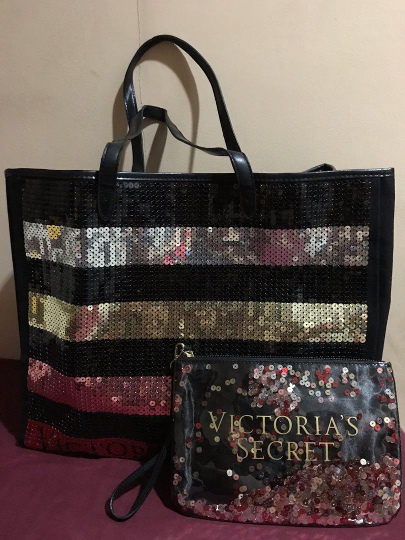 AUTHENTIC Victoria's Secret Bling Stripe Sequin Carryall Tote W Mini ...