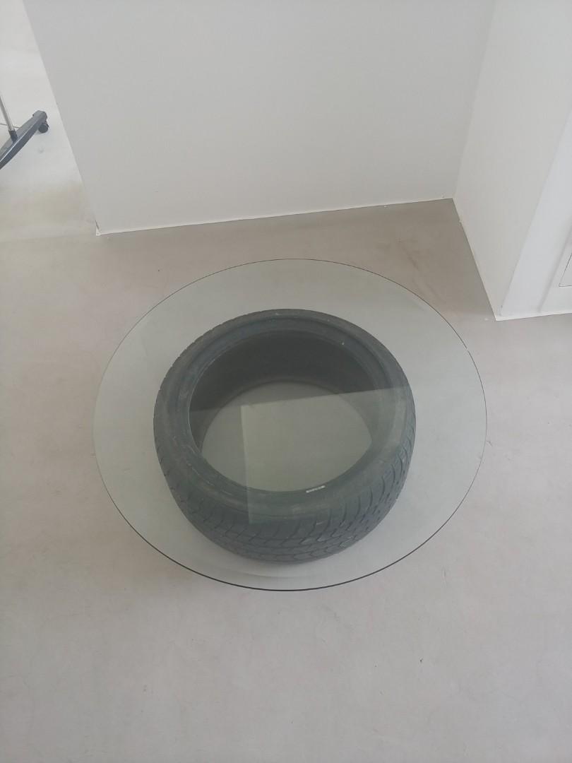 Car tyre, glass table, round, Furniture & Home Living, Furniture ...