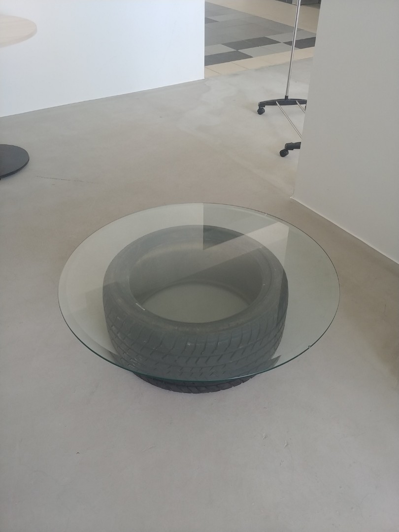 Car tyre, glass table, round, Furniture & Home Living, Furniture ...