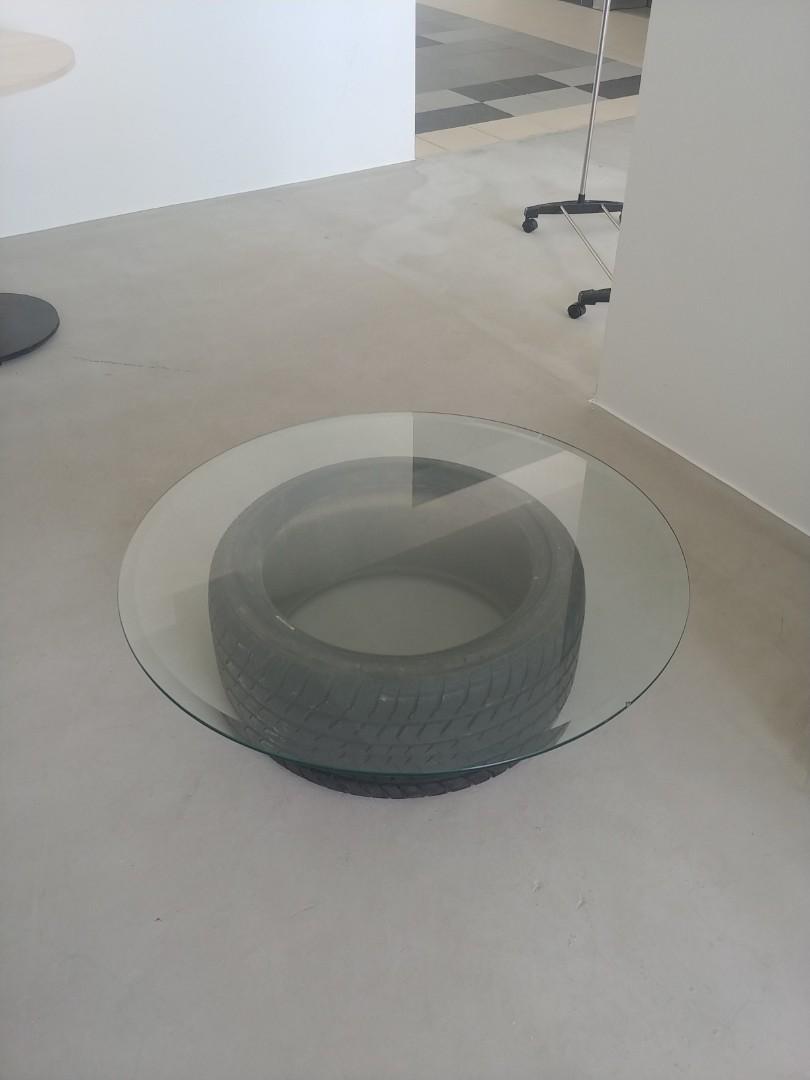 Car tyre, glass table, round, Furniture & Home Living, Furniture ...