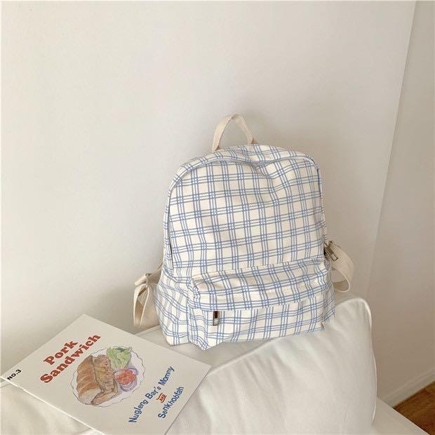 PO | blue & white checkered mini backpack, Women's Fashion, Bags ...