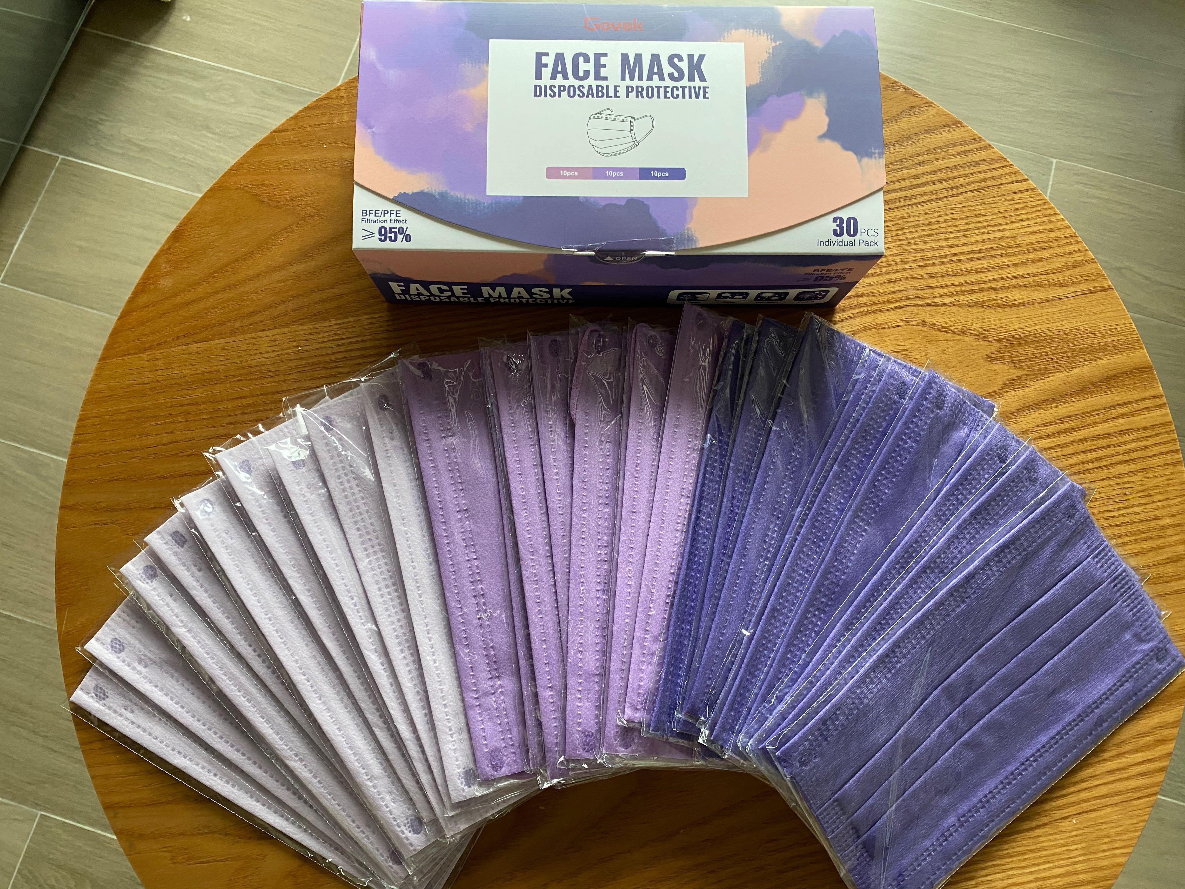 Govek 三色 紫色口罩 （獨立包裝）, 健康及營養食用品, 口罩、面罩 - Carousell