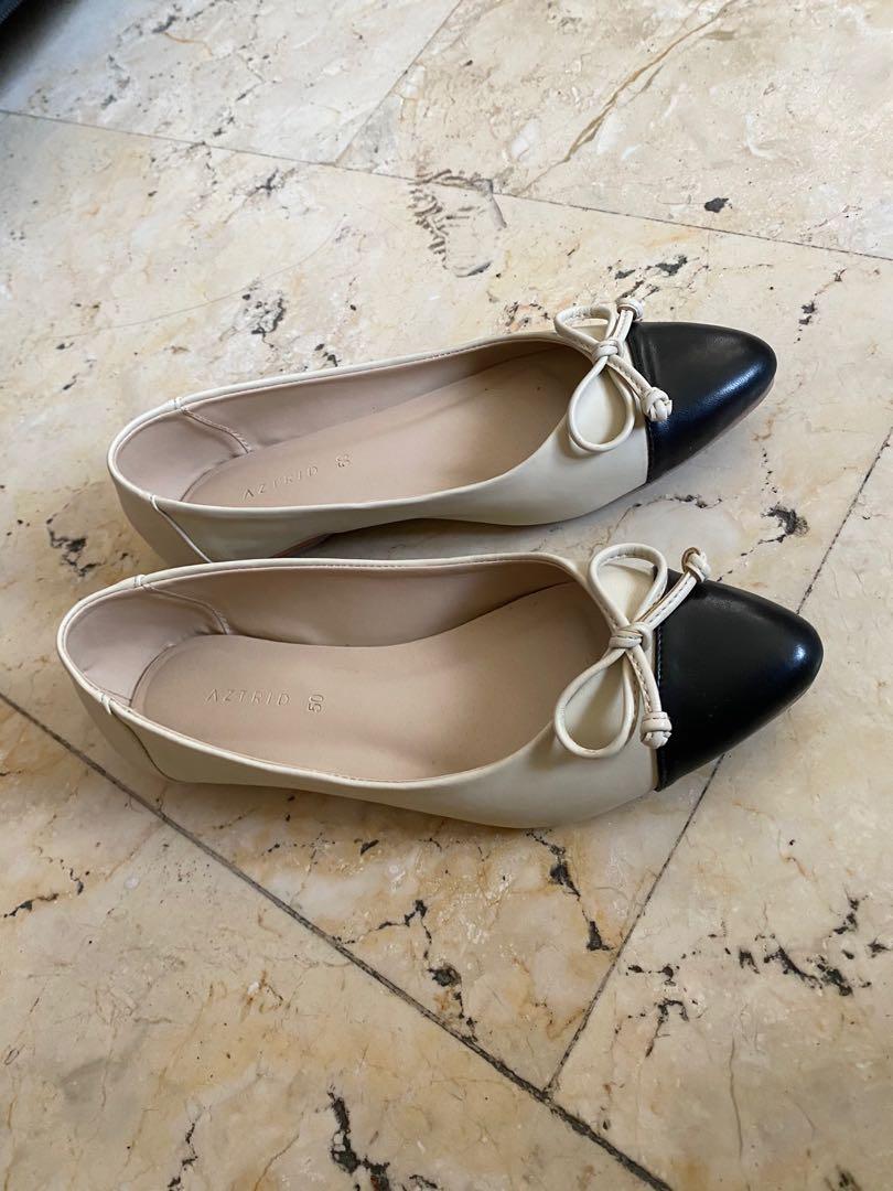 Aztrid Black and White Cap Toe Ballet Flats, Women's Fashion, Footwear ...
