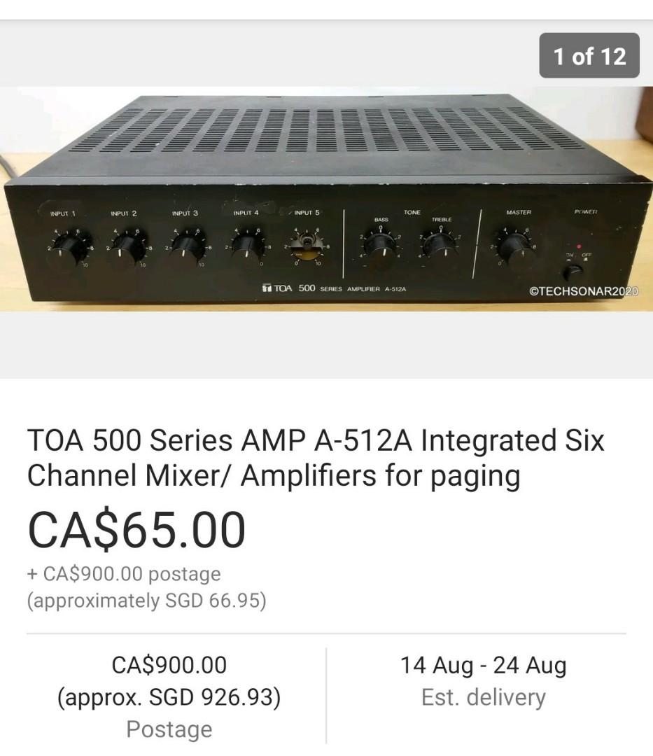TOA A-503M, Mixer/Ampliﬁer with (5) five input channels & master bass ...