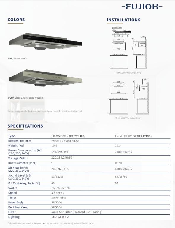 FUJIOH FR-MS1990R 90CM SLIMLINE HOOD + FUJIOH FH-GS5035 SVGL 3 BURNER ...