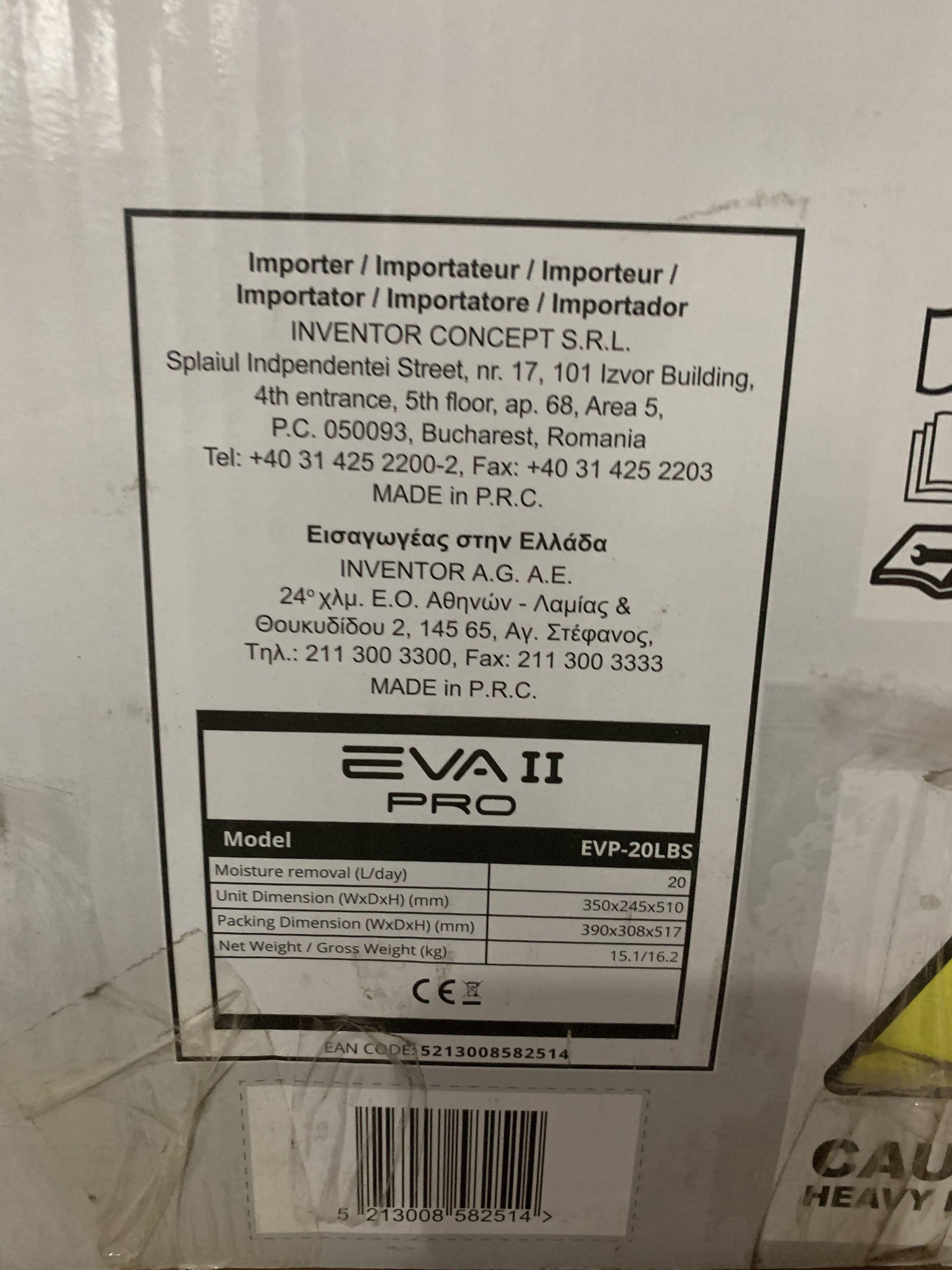 Inventor 20 Litre Eva II Pro Dehumidifier, TV & Home Appliances, Air ...