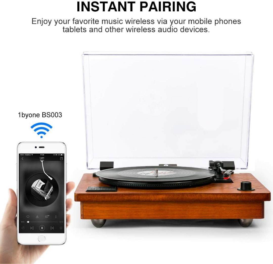 1 by one Classic Wooden Turntable (3 speed, USB-MP3 function, 3.5mm AUX ...