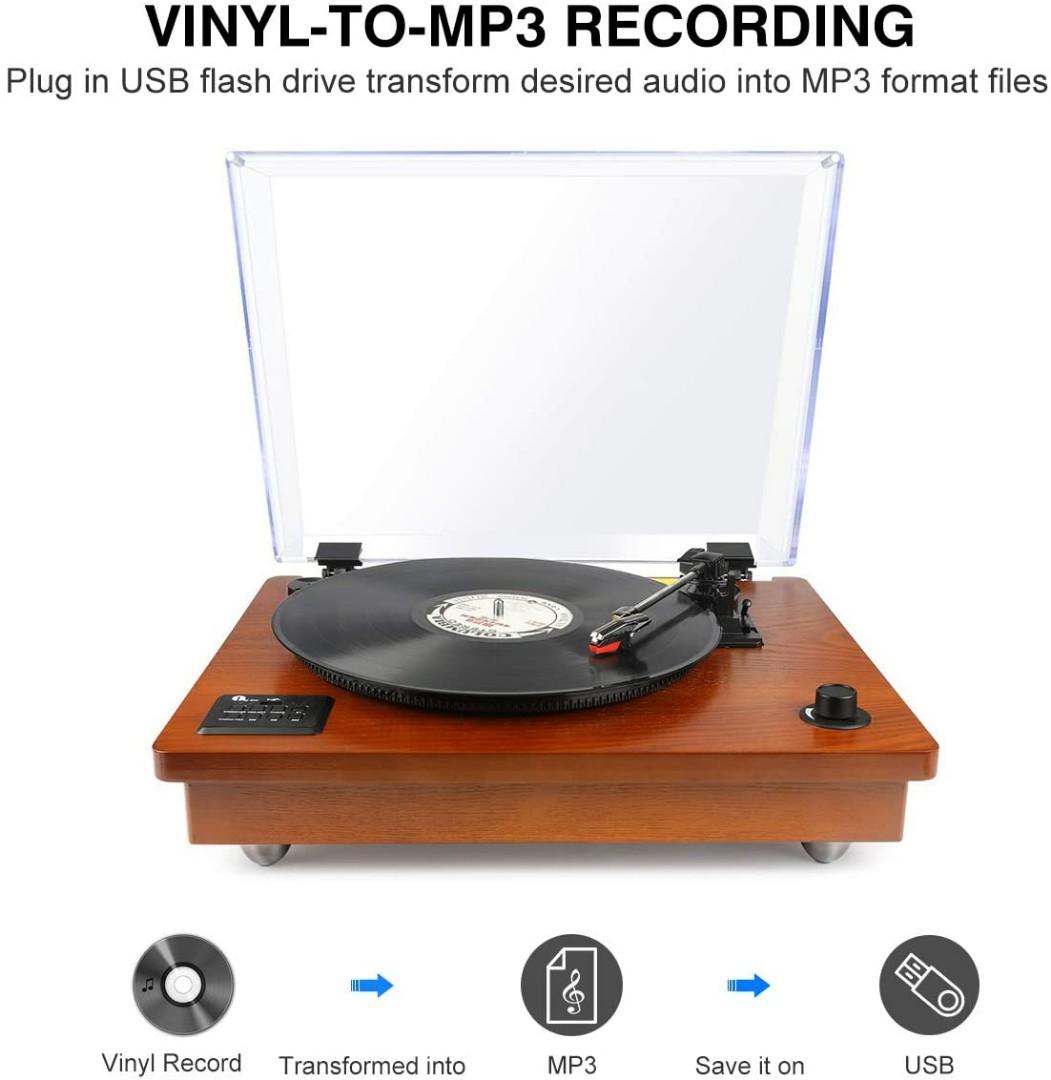 1 by one Classic Wooden Turntable (3 speed, USB-MP3 function, 3.5mm AUX ...
