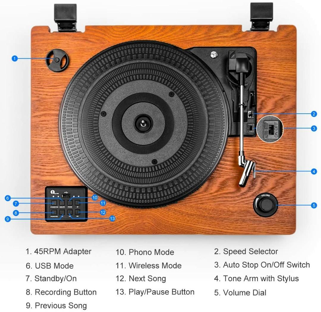 1 by one Classic Wooden Turntable (3 speed, USB-MP3 function, 3.5mm AUX ...
