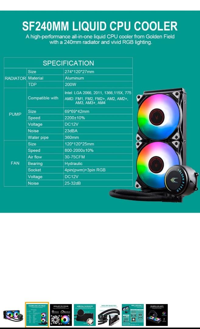 GOLDEN FIELD SF240 RGB All-in-One Liquid CPU Cooler With 240mm Radiator ...