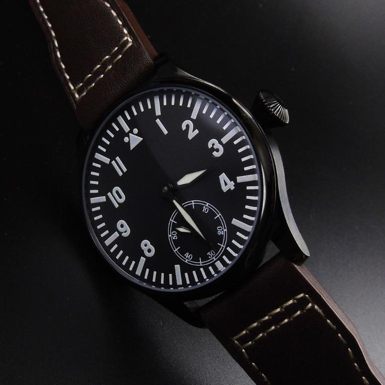 Classic All Black Mechanical Hand Wind Flieger Style Pilot Watch ...