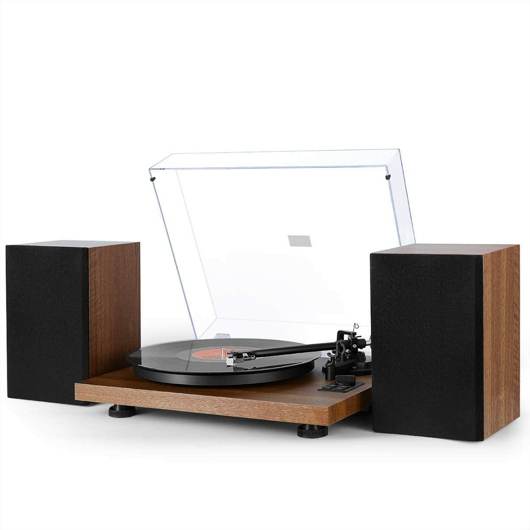 1byone Wireless Turntable Hi-Fi System with 36 Watt Bookshelf Speakers ...