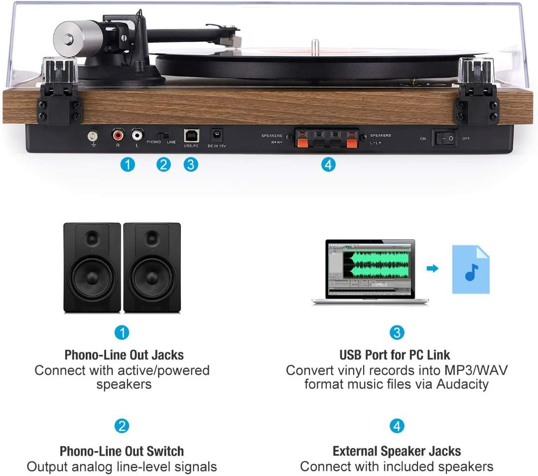 1byone Wireless Turntable Hi-Fi System with 36 Watt Bookshelf Speakers ...