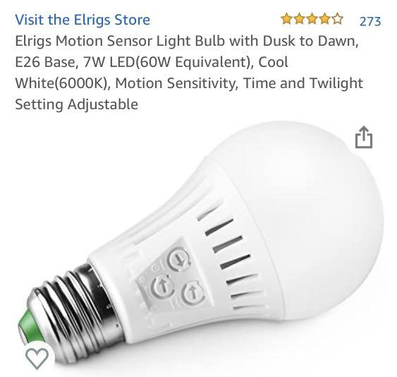 Elrigs Motion Sensor Light Bulb with Dusk to Dawn, E26 Base, 7W LED(60W ...