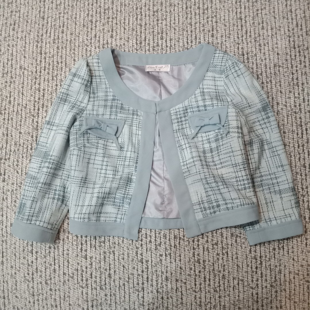 Korean Pastel Blue Tweed Cropped Open Blazer Topper with Silk Satin ...