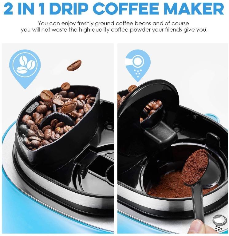 Aicook 2-in-1 Filter Coffee Machine, Bean to Cup Grind and Glass Carafe ...