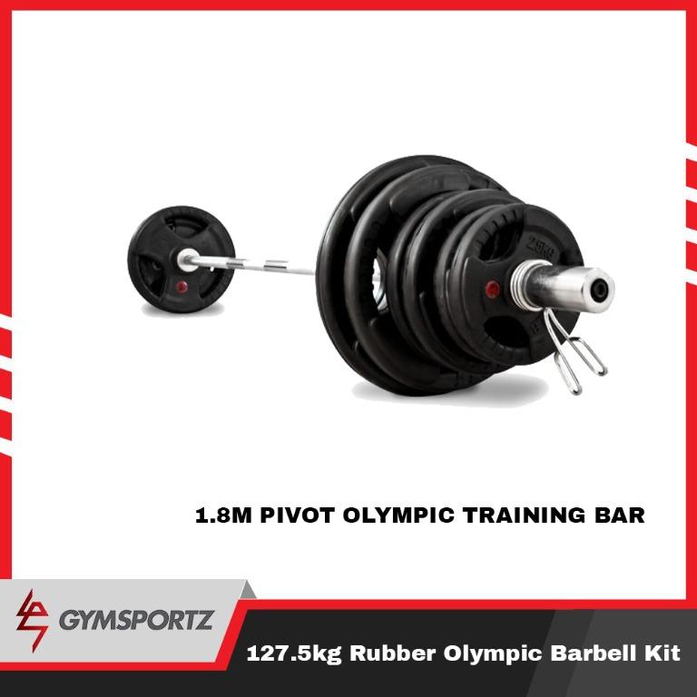 127.5kg Rubber Olympic Barbell Kit (1.8M PIVOT OLYMPIC TRAINING BAR ...