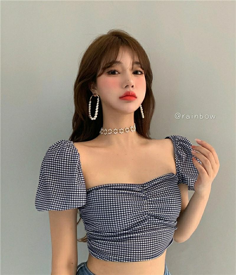 Checkered Off Shoulder Top Puff Sleeves, Women's Fashion, Tops, Sleeveless on Carousell