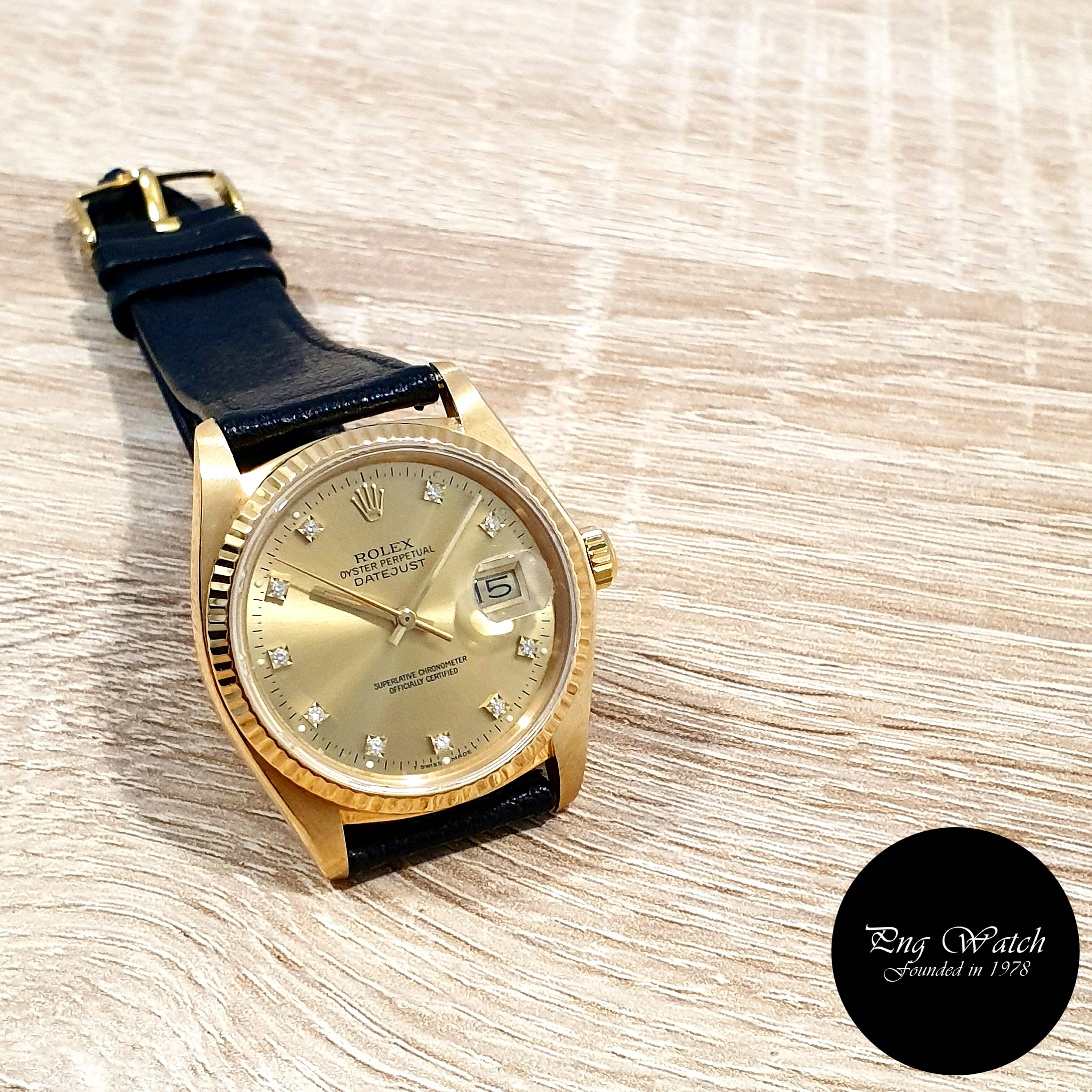 Rolex OP 18K Yellow Gold Vignette Diamonds Datejust on Leather REF ...