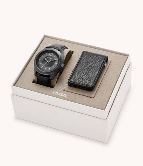 Fossil - Editor Three-Hand Black Leather Watch And Wallet Box Set ...