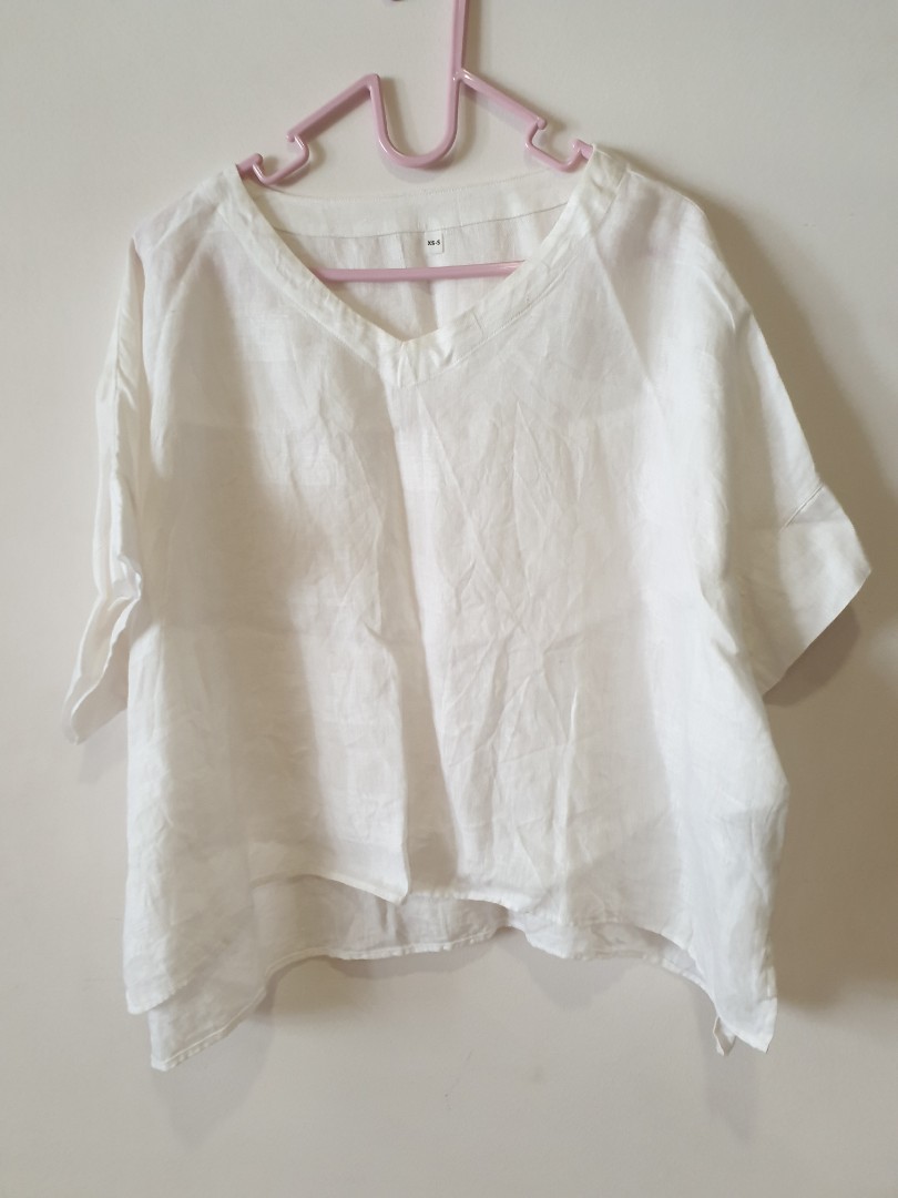 Muji basic minimalist linen white top, Women's Fashion, Tops, Blouses ...