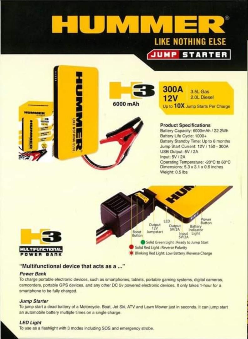 Hummer H3 Multifunctional Jumpstarter/Power Bank 6000mAh/LED TorchLight ...