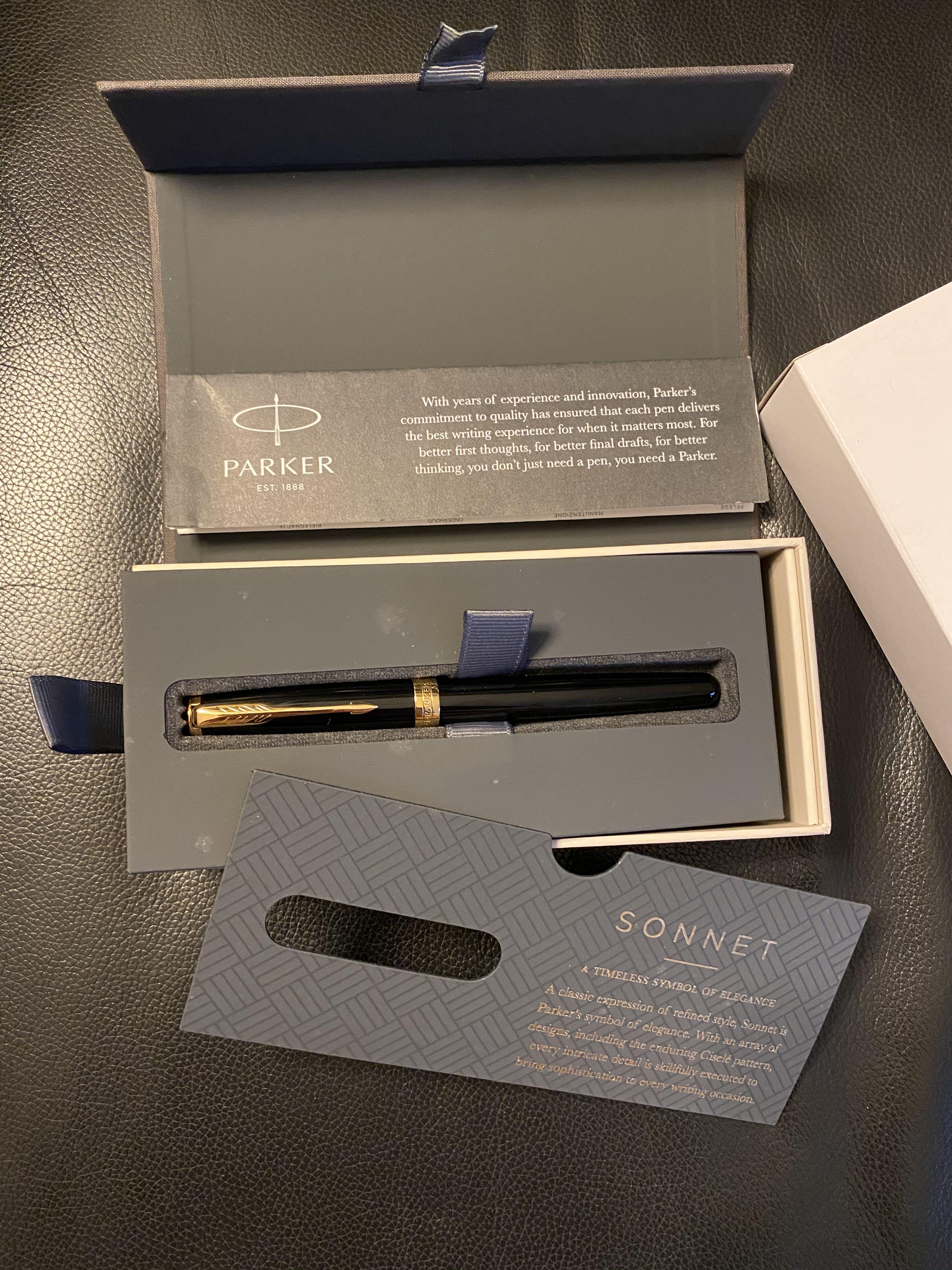 PARKER Sonnet Fountain Pen, Black Lacquer with Gold Trim, Gold Medium ...