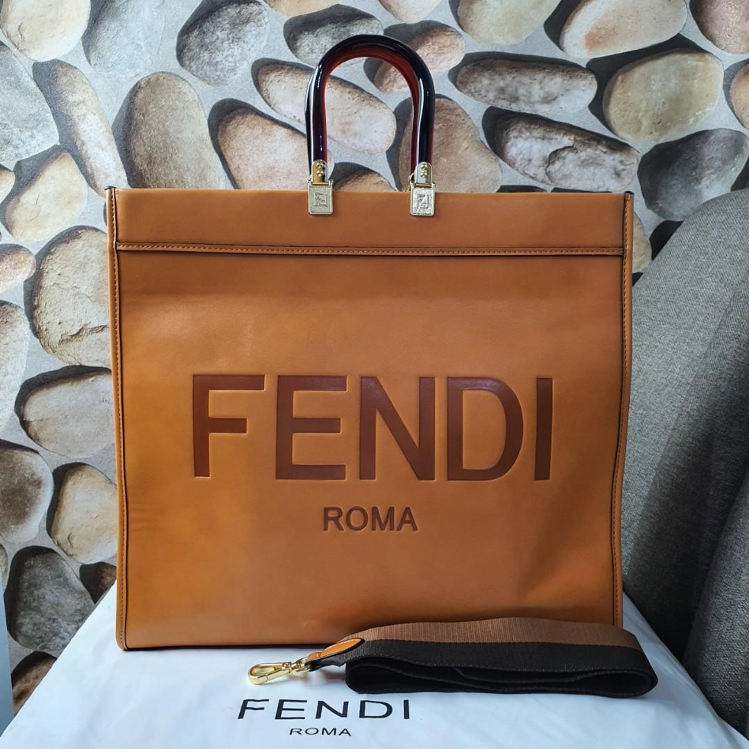 Tas Fendi Sunshine Shopper Logo Leather Coklat Muda AP2809, Fesyen ...