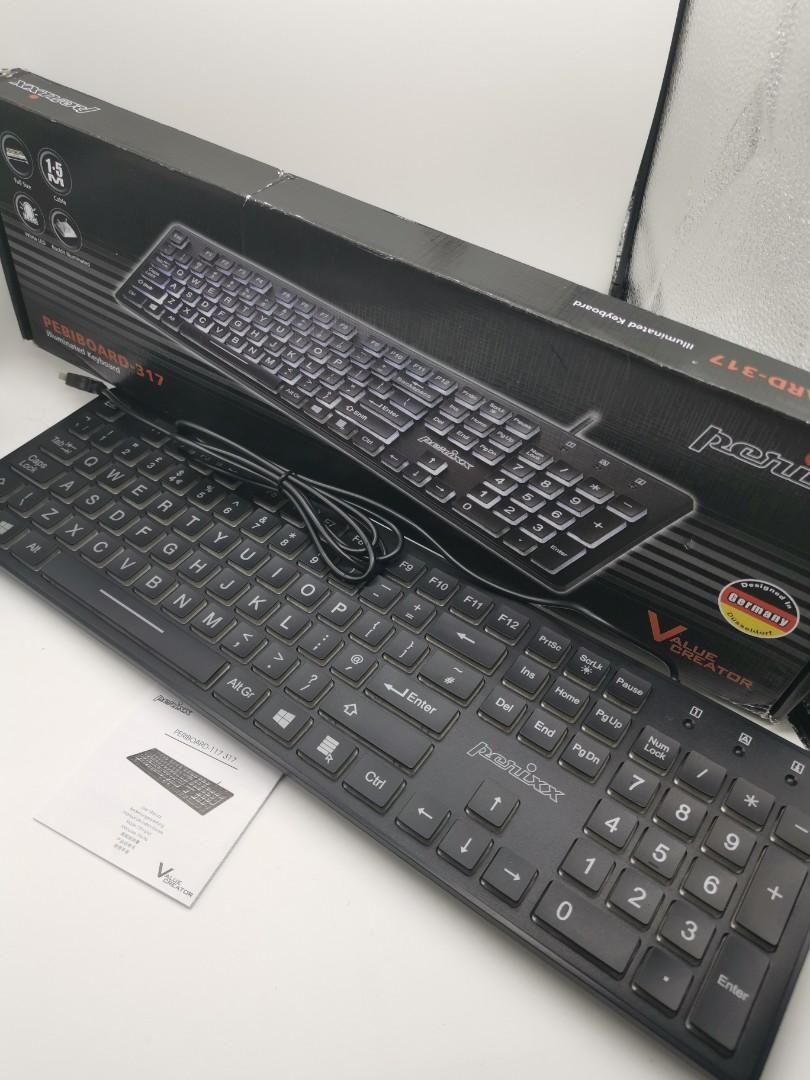 BNIB Perixx Periboard-317 Wired LED Backlit Keyboard, Big Letter Print White Illuminated Full ...
