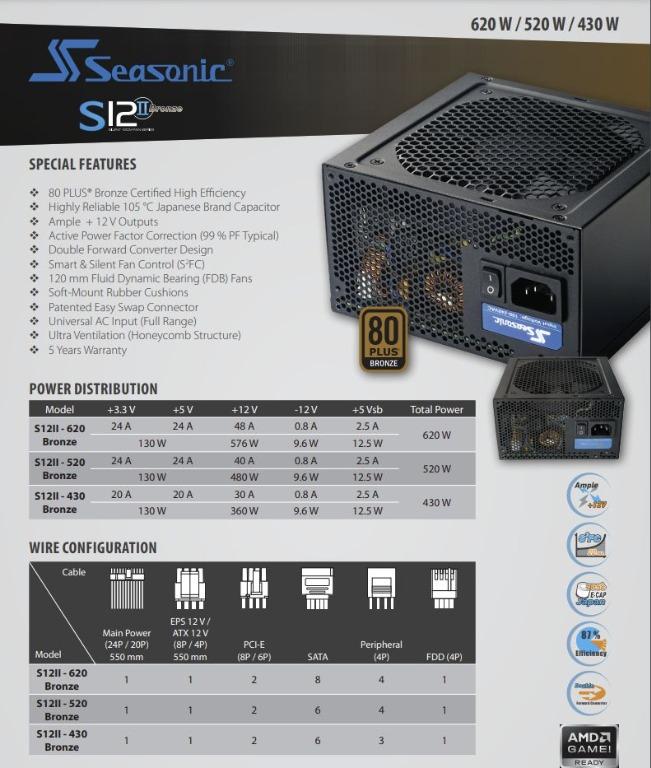 Seasonic SS-620 GM (M12II-620 Bronze) 620 Watt Power Supply, Computers ...
