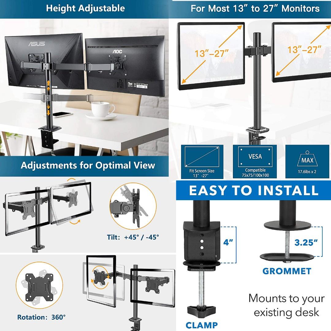 Fully Adjustable Dual Arm LCD LED Monitor Stand Desk Mount Bracket for ...