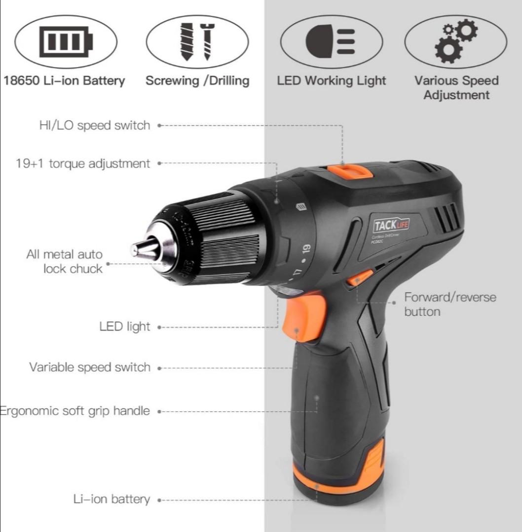 TACKLIFE 12V Cordless Drill Driver,3/8" Metal Chuck,2 Speeds Compact ...