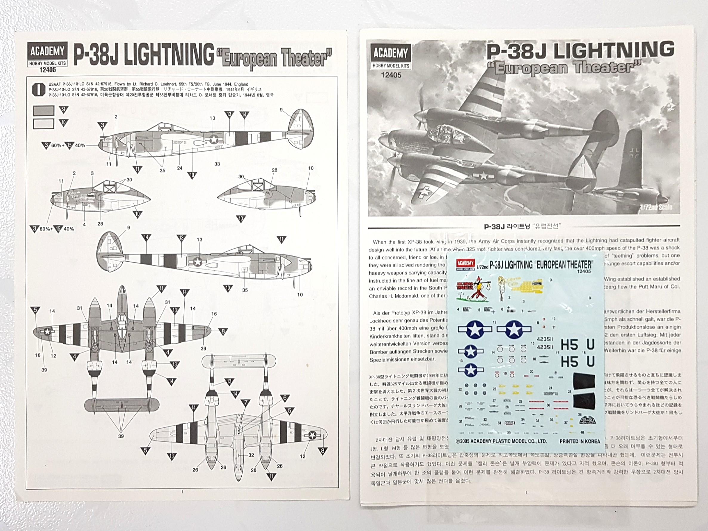 1/72 #12405 Academy USAF Fighter P-38J Lightning "European Theatre" c/w ...