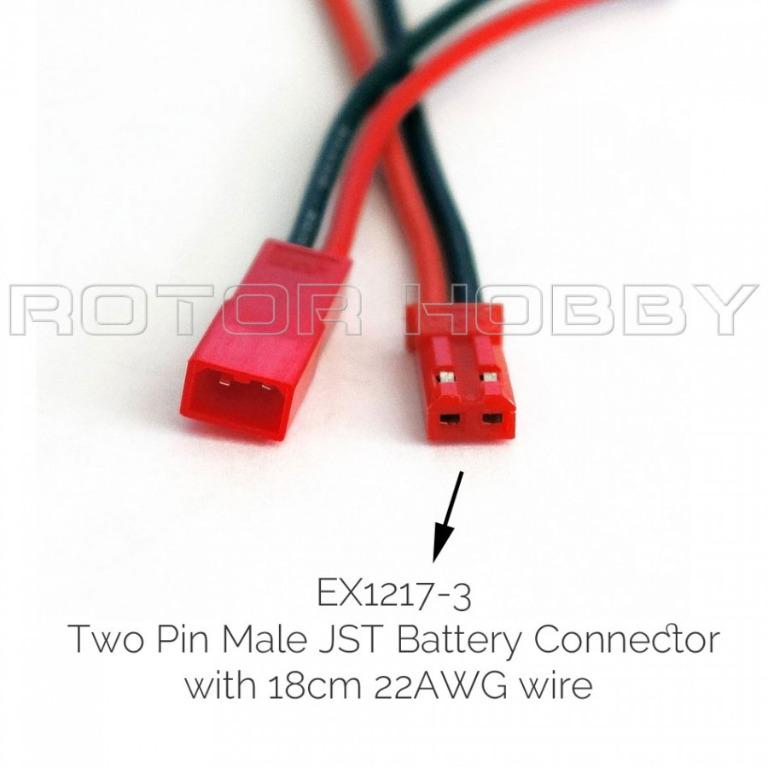 Two Pin JST Battery Connector with 18cm 22AWG wire, 1 piece. Code ...