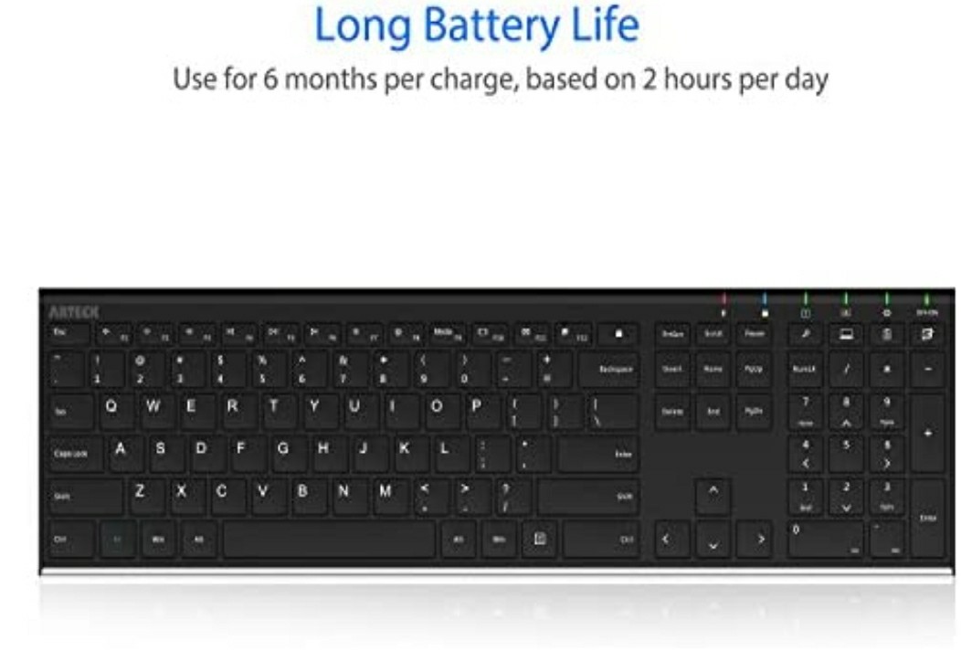 Arteck 2.4G Wireless Keyboard Stainless Steel Ultra Slim Full Size ...
