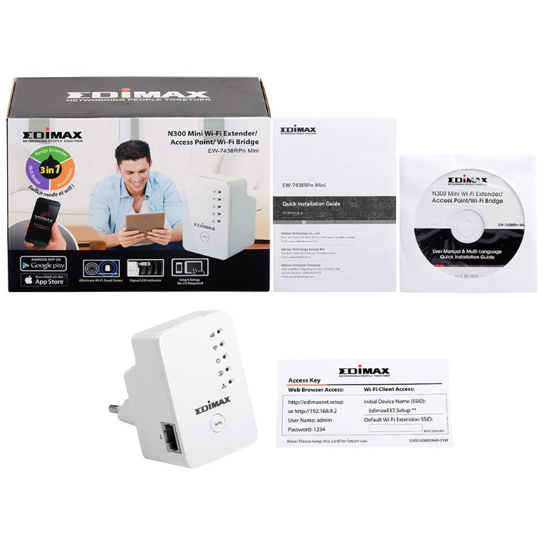 EDIMAX ED-EW-7438RPN 300N WIFI LAN REPEATER N300 Mini Wi-Fi Extender ...