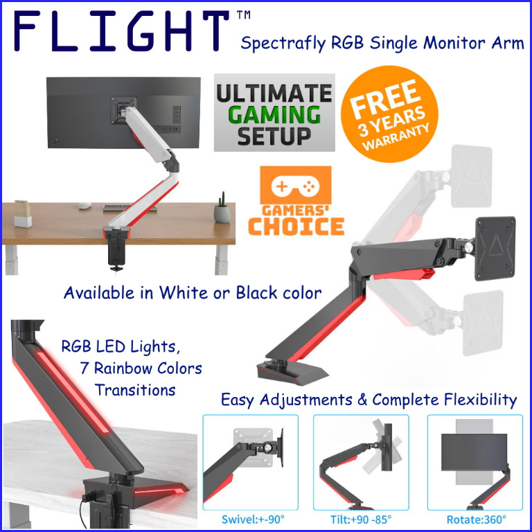 Flight™ Ultimate RGB LED Gaming Monitor Arm, LCD Vesa Mount Height Adjustable Support Stand Desk ...