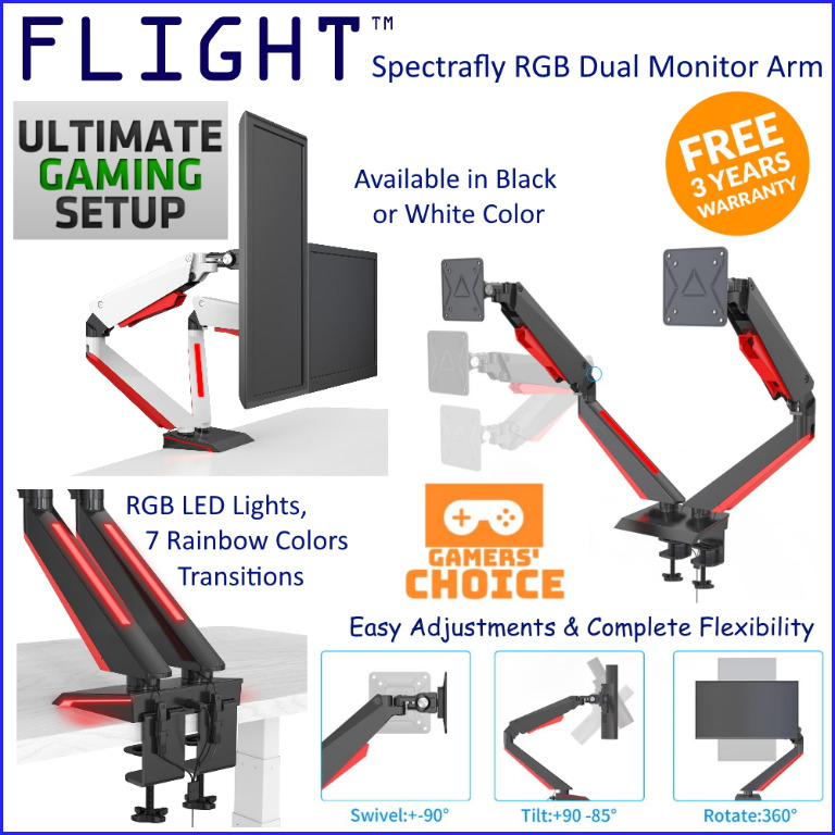 Flight™ Ultimate RGB LED Gaming Dual Monitor Arm, LCD Vesa Mount Height Adjust Support Stand ...