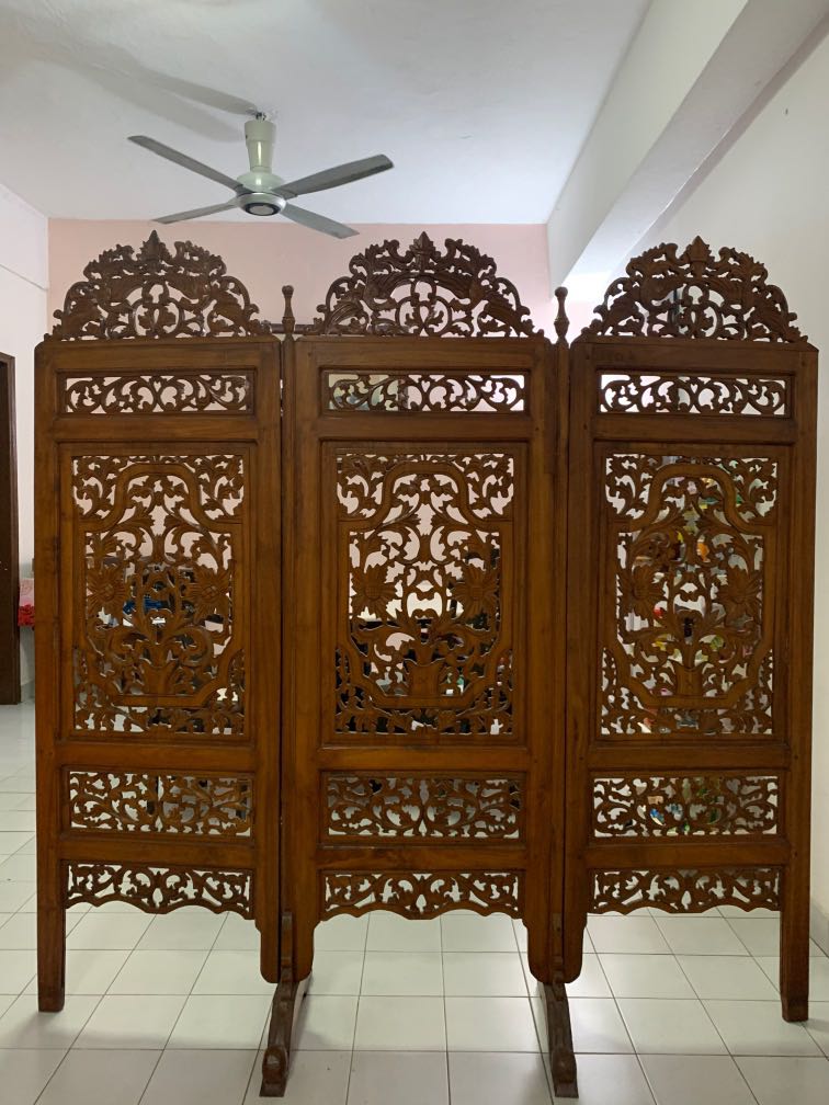 3-panel Solid Teak Wood Hand Carved Partition, Furniture & Home Living ...