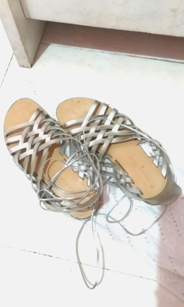 Charles and keith ck silver gladiator tie up original sandal, Fesyen ...